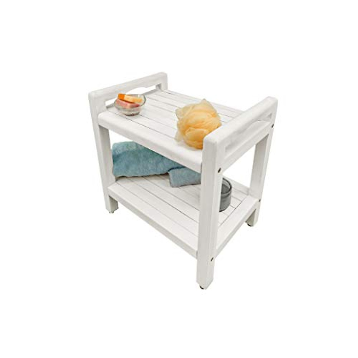 EcoDecors Coastal Vogue White Wash Eleganto 20" Teak Shower Stool with LiftAid Arms and Shelf