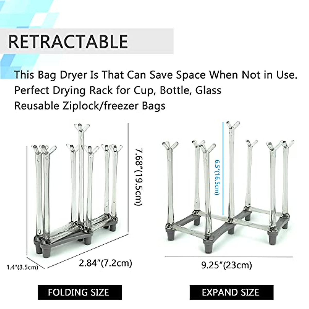 Venls Cup Drying Rack for Bottle,Drinking Glass/Plastic Bag Dryer for Reusable Ziplock Plastic Food Storage Bags Drying Rack Gray