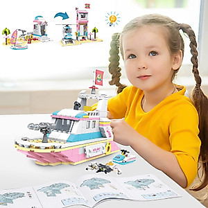 3in1 Girls Boat Cruise Ship Building Sets Friends Beach House Rescue Helicopter Building Kits Summer Holiday Adventures STEM Building Toys Creative Play Set Gift for Kids Aged 6-12, 351 Pieces