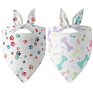 AIITLE Dog Bandanas - 2PCS Birthday Gift Washable Dog Paw and Bone Printing White Dog Bib Kerchief Scarf Adjustable Accessories for Small to Large Dog Puppy Cat
