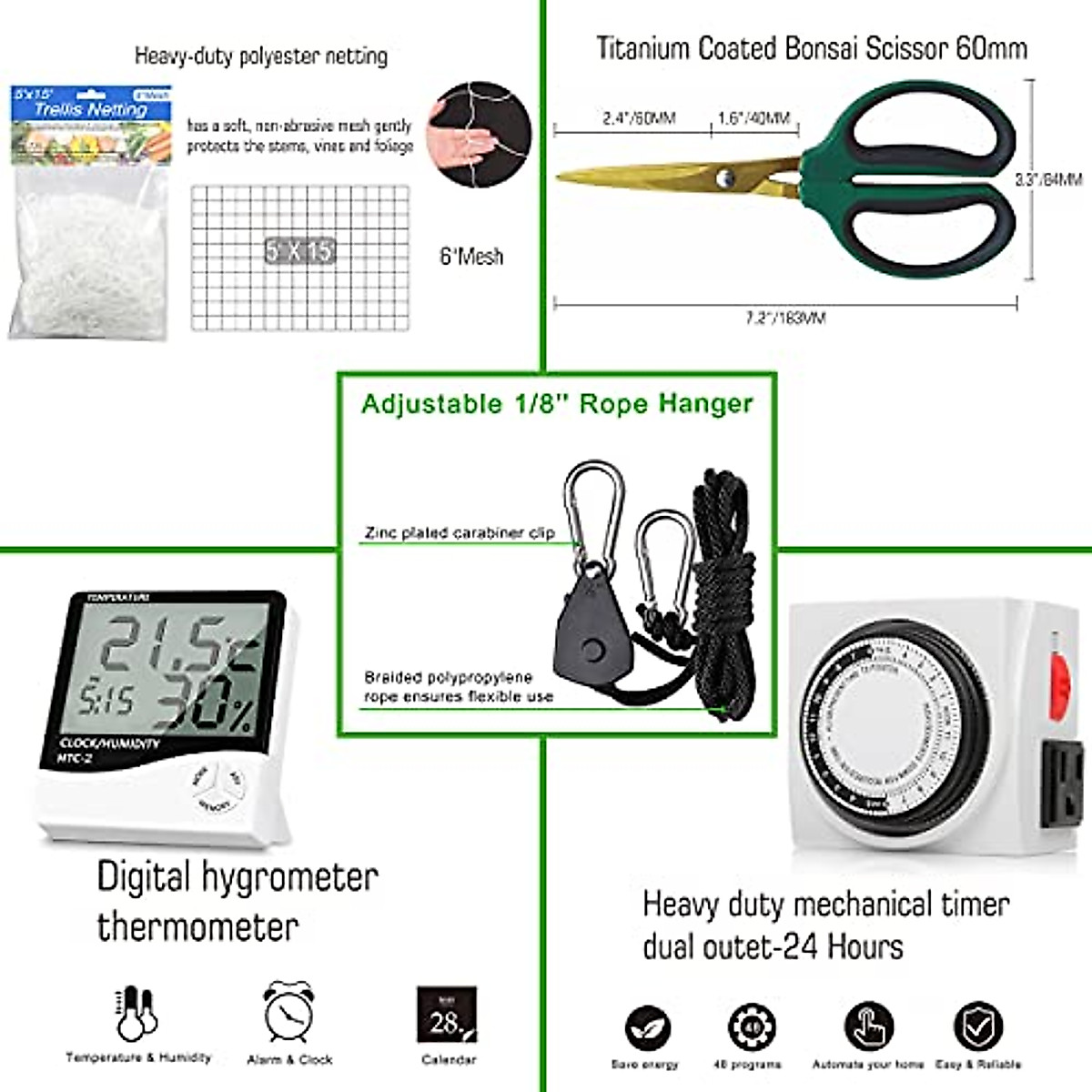 BloomGrow 36''x24''x53'' 2-in-1 Grow Tent Room w/Waterproof Floor Tray + Grow Light Hanger + Digital Hygrometer + Bonsai Shears + 24 Hour Timer + Trellis Netting Indoor Grow Tent Kit