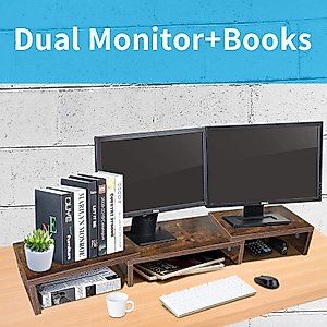 TEMI Monitor Stand Riser for 2 Monitors, Dual Monitor Riser Wood for Desk Standing, Wooden Computer Monitor Riser with Adjustable Angle and Length for Laptop, Computer, TV, PC and More (Rustic Brown)