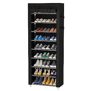 Calmootey 9 Tier Shoe Rack Organizer,Portable Shoe Shelf with Nonwoven Fabric Cover for Closet Hallway,Bedroom,Entryway,Black