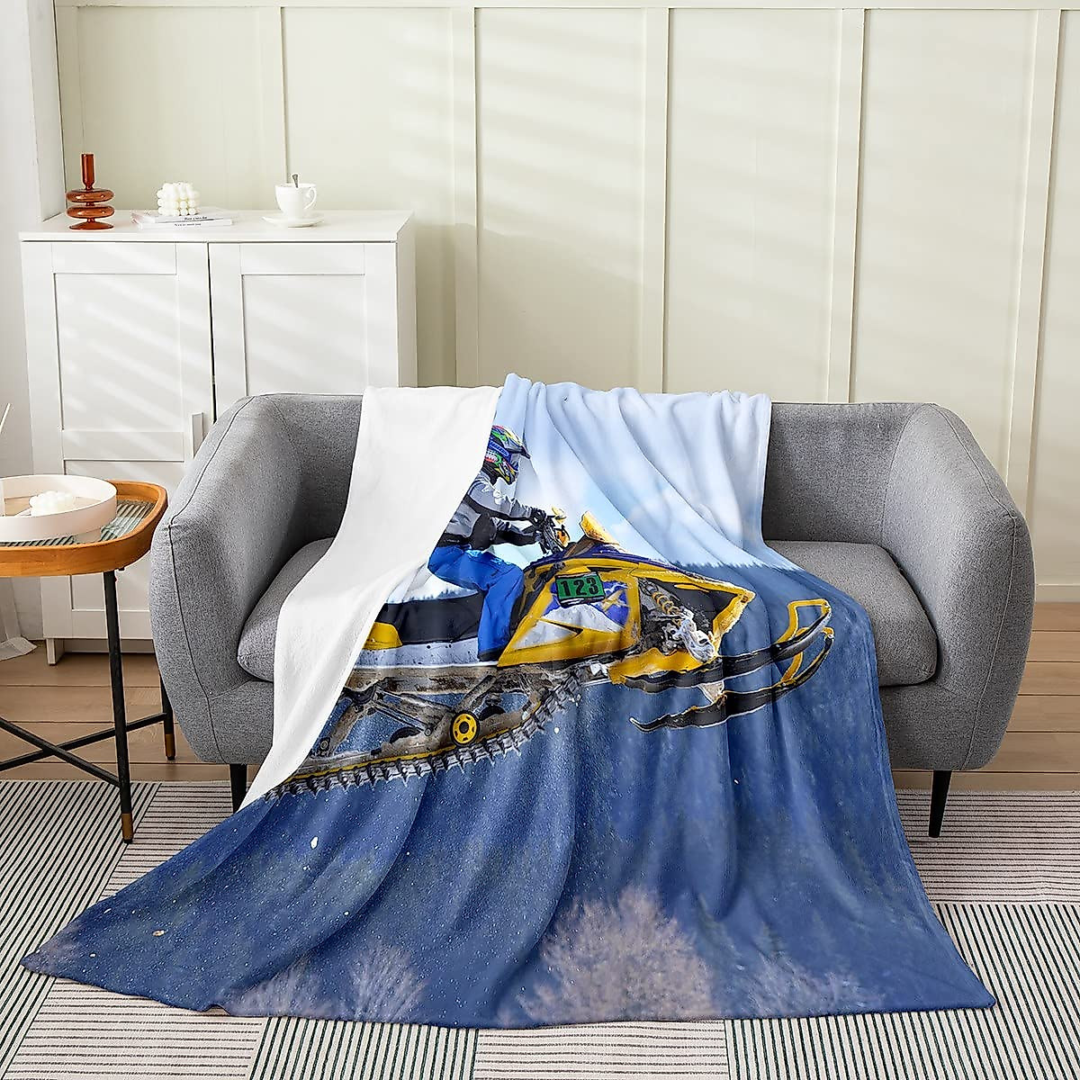 Snowmobile Pattern Fleece Throw Blanket Kids,Winter Extreme Sports Flannel Fuzzy Blanket for Bed Sofa Couch,Sports Theme All Season Bed Blanket Breathable Plush Blanket Room Decor 40"x50"