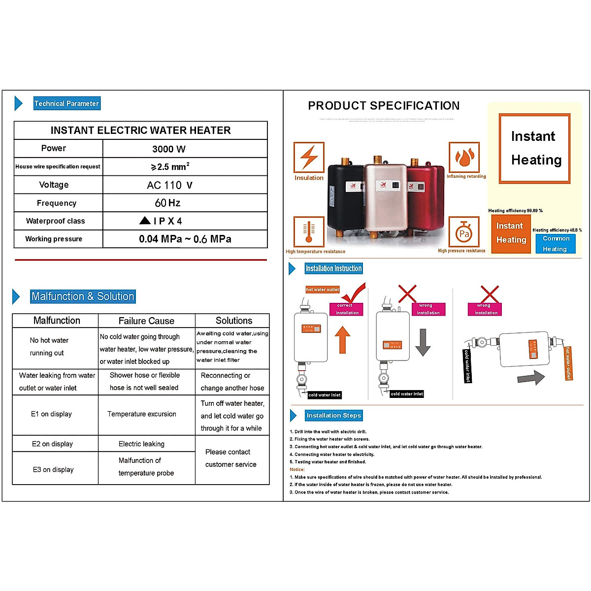Tankless Water Heater - 3000W Mini Electric Instant Water Heater Under Sink with LCD Display for Home Kitchen Washing US Plug 110V, 7.87 x 4.13inch Wall Mounted (Gold) 30-55℃