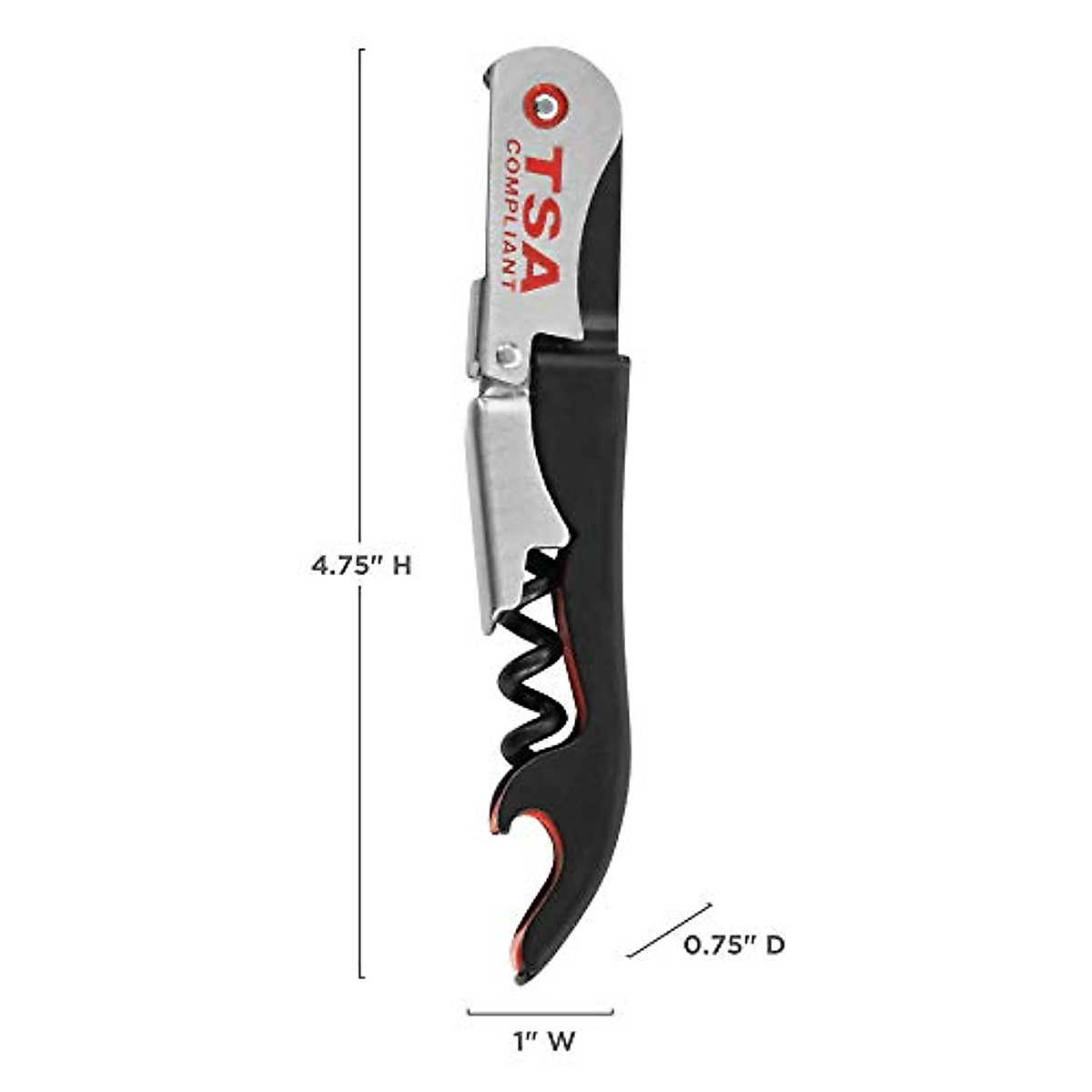 True Jetsetter Black Double Hinged TSA Compliant Corkscrew Bottle Opener, Stainless Steel Wine Key 0.75x4.75x1