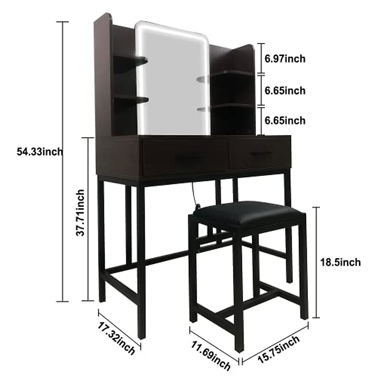 JIFULI Vanity Desk with Mirror and Lights, White Makeup Vanity with Lights and Power Strip, Vanity Mirror with Lights Desk and Chair, 3 Lighting Colors