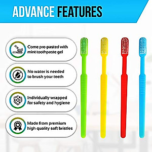 144 Prepasted Disposable Toothbrushes | Pre-Pasted Soft Bristle Tooth Brush Set for Dental Care & Oral Hygiene | Individually Wrapped Toothbrush Pack Airbnb Gifts | NO WATER NEDEED, Paste Made In USA.
