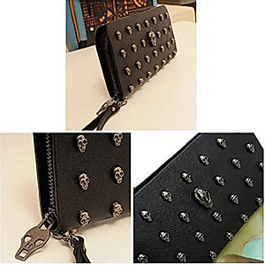 DownUpdown Skull Wallets for Women Wristlet Purses Clutch Black Zipper Purse Faux Leather Punk Gothic Cool Long Wallet Men