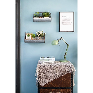 Dahey Farmhouse Galvanized Wall Basket Decor Bathroom Storage Bin Organizer Rustic Metal Wall Planter Wire Back Hanging Shelves for Bedroom Living Room Kitchen Apartment Entryway Laundry, Set of 2