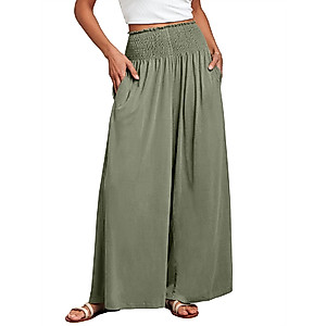 ANRABESS Women Palazzo Pants Summer Boho Bagyy Wide Leg High Smocked Waist Casual Loose Lounge Pant with Pocket Olive X-Large