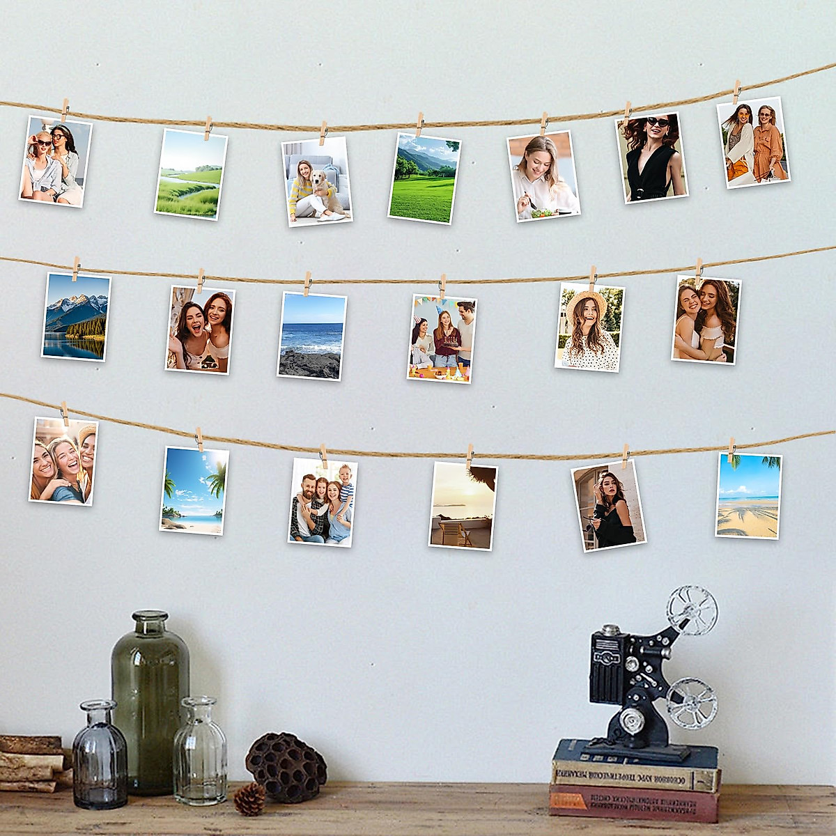 KTOJOY Mini Wooden Clothes Pins, 100 Pack, 1.4 Inch, Mini Natural Birchwood ClothesPins with 33 FT Jute Twine, Heavy Duty Moisture Resistant Clothes Pegs for Craft, Pictures, Arts, Cocktails