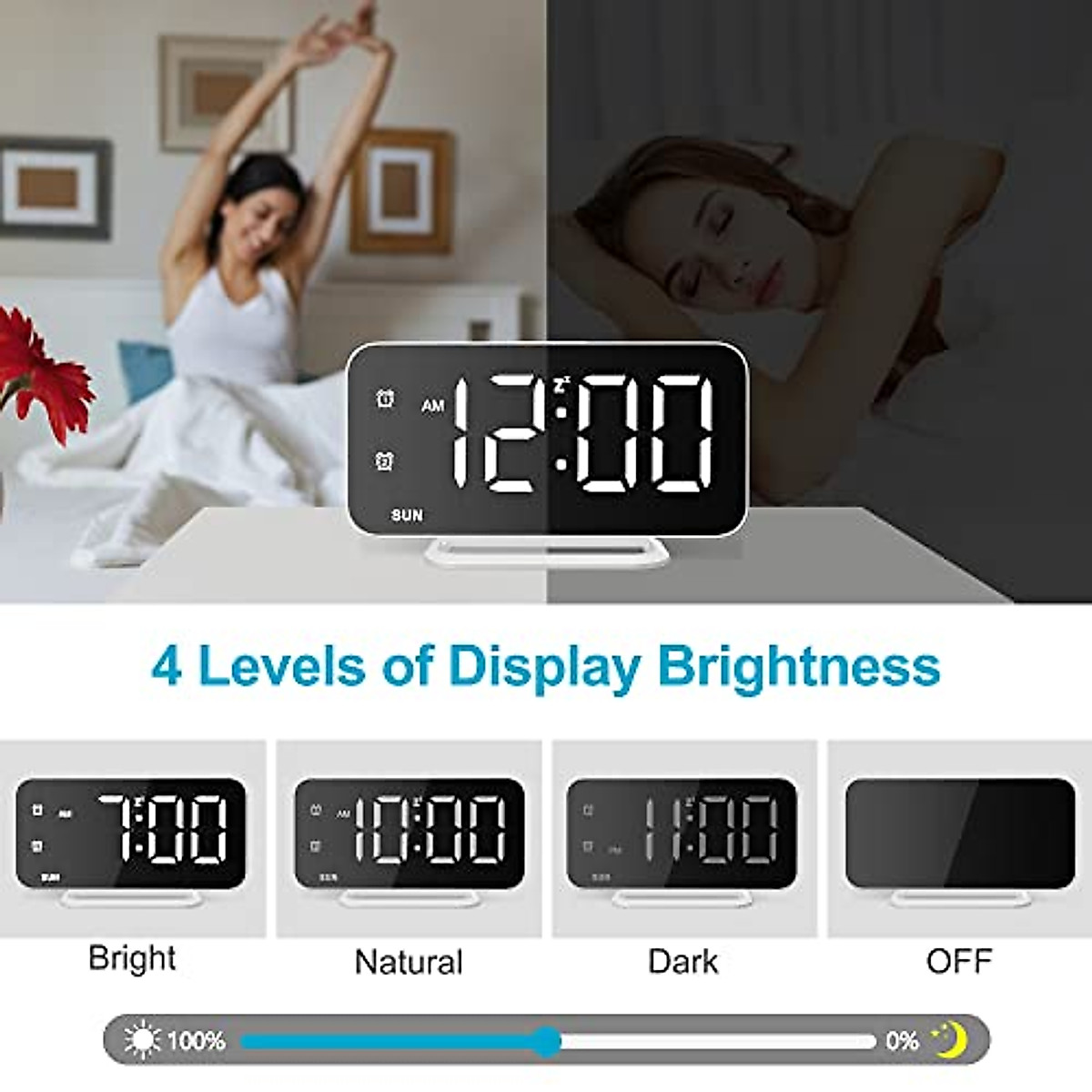 Slim LED Digital Alarm Clock, Mirror Surface for Makeup, with Diming, Large Display, Easy Setting, USB Ports, Modern Decor for Bedroom, Desk, Christmas, Birthday Gift for Women, Daughter, Girl, White