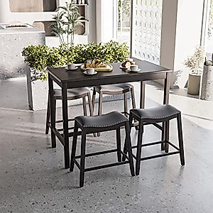 Giantex Dining Table Set for 4, Kitchen Counter Height Table w/ 4 Stools, 5 Piece Bistro Table Set, Rubber Wood Pub Dinette Set w/Upholstered Stools, Space-Saving Table Set for Small Spaces (Black)