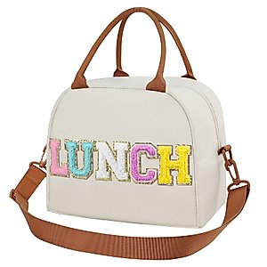 Lunch Box for Women, Large Insulated Lunch Bag, Personalized Preppy Lunch Box for Girls Adults with Adjustable Shoulder Straps,Lunch Bag Women with Chenille Letters（Beige-lunch）