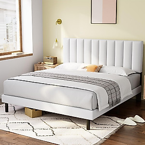 Molblly King Size Bed Frame Upholstered Platform with Headboard and Strong Wooden Slats,Mattress Foundation,Non-Slip,No Box Spring Needed, Easy Assembly, White