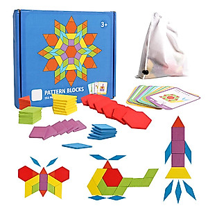 Wooden Pattern Blocks Set 155 Pcs Geometric Shape Puzzle Kindergarten Tangram Brain Teasers Early Educational Montessori for Kids Ages 3-8 with 24 Pcs Design Cards