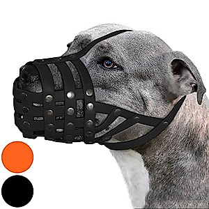 BRONZEDOG Pitbull Dog Muzzle Amstaff Waterproof Basket Breathable Mesh Stop Biting Chewing Adjustable Mask for Large Dogs (Black)