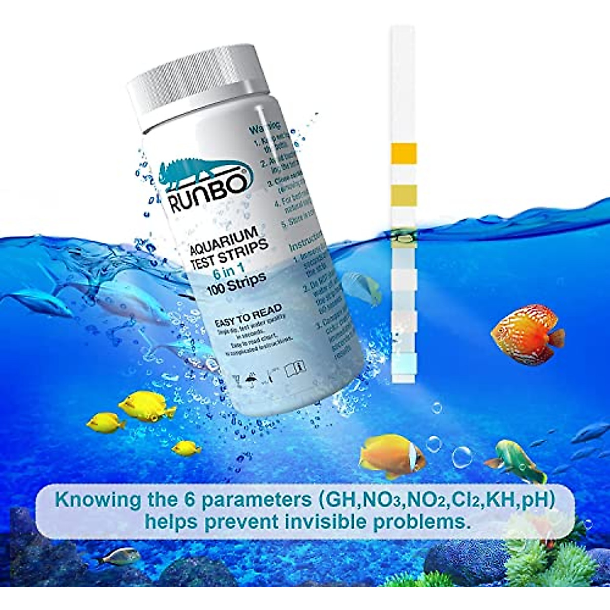 RUNBO Aquarium Test Strips 6 in1 for Fresh/Salt Water Fish Tank Aquarium, 100 Count Easy and Accurate Test Nitrate, Nitrite, General Hardness, Free Chlorine, Carbonate, Ph