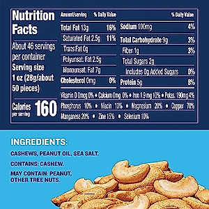 PLANTERS Salted Cashew Halves & Pieces, Party Snacks, Plant-Based Protein, 2 Lb 14 Oz Canister