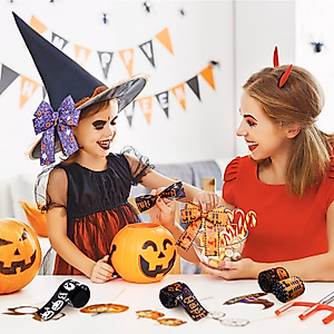 Yuxung 6 Rolls 30 Yards Halloween Wired Edge Ribbon for Wreaths Bat Spider Web Pumpkin Print Grosgrain Ribbon Ghost Witch Hat and Leg Ribbon Halloween Party Decorative Ribbon Supplies