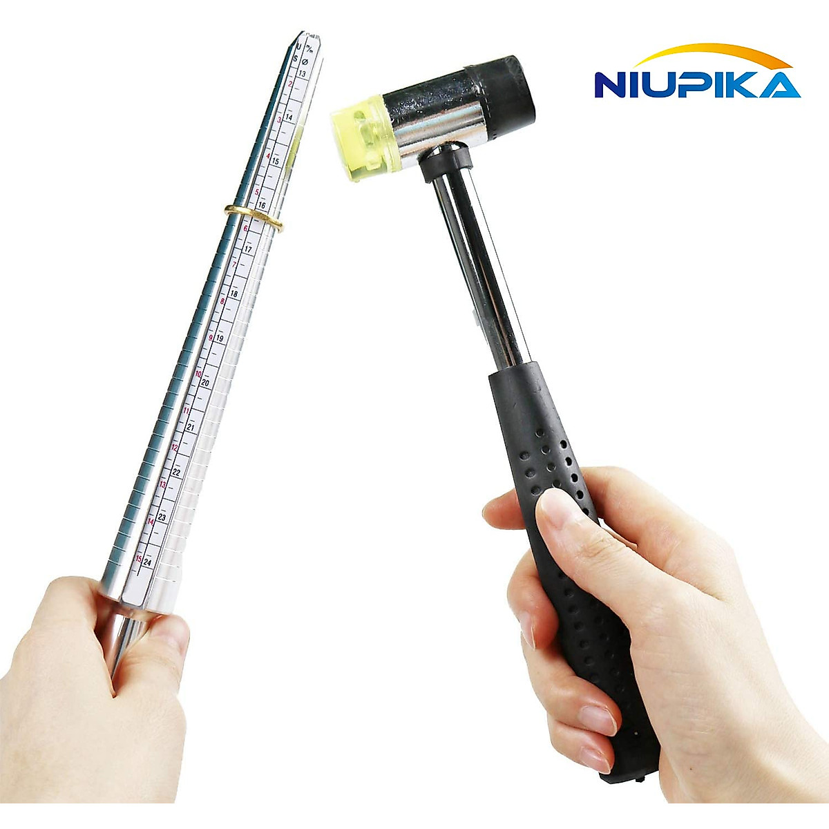 NIUPIKA Ring Sizer Set Metal Measuring Tool Ring Mandrel Finger Sizing Gauge Set US Size Jewelry Measurement Tools with Jewelers Rubber Hammer