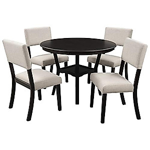 HYC 5 Piece Dining Set for 4, Upholstered Kitchen Furniture with Round-Table and 4-Padded Chairs, Espresso