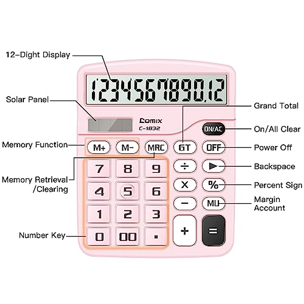 Comix Desktop Calculator 12 Digit with Large LCD Display and Big Button, 12 Digits Baisc Calculator, Solar Battery Dual Powered, for Office Home School C-1832(Pink)