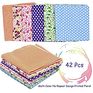 42Pcs 10"x10" Quilting Cotton Fabric Squares Sheets Pre-Cut Multi-Color Design Printed Floral Craft Fabric for DIY Sewing Scrapbooking Quilting Craft Patchwork (Red/Pink/Yellow/Green/Blue/Purple)