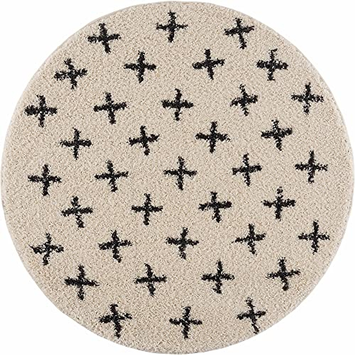 Hauteloom Alstead Farmhouse Swiss Cross Geometric Shag Area Rug - Fluffy High Pile Super Soft Rug with Tassels for Living Room, Bedroom, Dining Room - Cream, Beige, Black - 3'11" x 5'7"