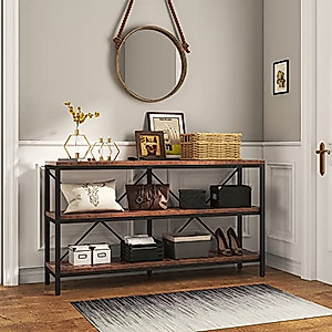 Jevindo 3-Tier Console Table for Entryway, 55in Sofa Table w/Open Shelf and Adjustable Feet, Industrial Long Narrow Hallway Table with X-Bars for Hallyway, Living Room, Bedroom, Easy to Install