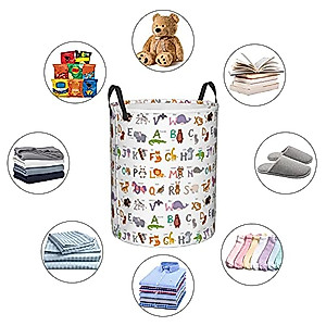Foruidea Large Laundry Basket Zoo Alphabet With Cartoon Animals Laundry Hamper Collapsible Oxford Fabric With Handle Dirty Clothes Storage Washing Bag Portable Tote Bag 22.7 Inch