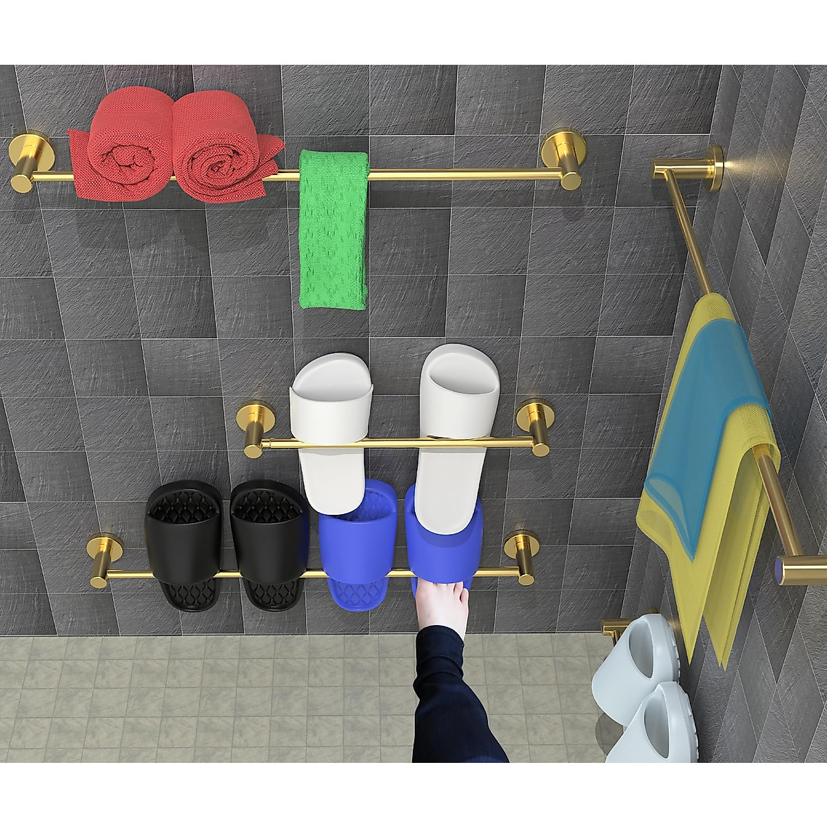 2 Pack Adjustable 16 to 27.6 Inch Single Gold Towel Bar, iMomwee SUS304 Stainless Steel Bath Towel Holder, Wall Mounted Towel Rail for Bathroom Kitchen Washroom, 1" Diameter Towel Rod with S Hooks