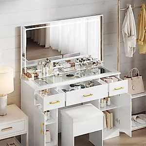 WAYES 43.3" Clear Glass Top Makeup Vanity Desk Set with LED Mirror, Charging Station, and Storage Stool, Modern, White
