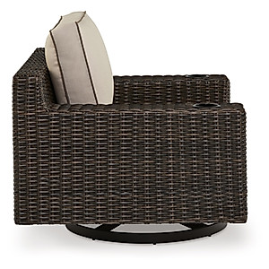 Signature Design by Ashley Coastline Bay Casual Outdoor Swivel Lounge with Cushion and 2 Cup Holders, Beige & Dark Brown