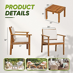 Flamaker Patio Chairs 3 Piece Acacia Wood Patio Furniture with Coffee Table & Cushions Outdoor Conversation Set Balcony Chairs for Porch, Deck, Backyard