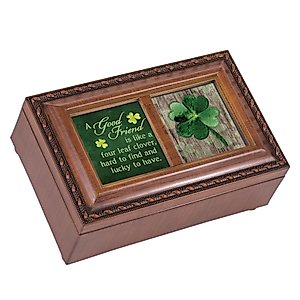 Cottage Garden Good Friend Four Leaf Clover Woodgrain Rope Trim Petite Music Box Plays Irish Lullaby