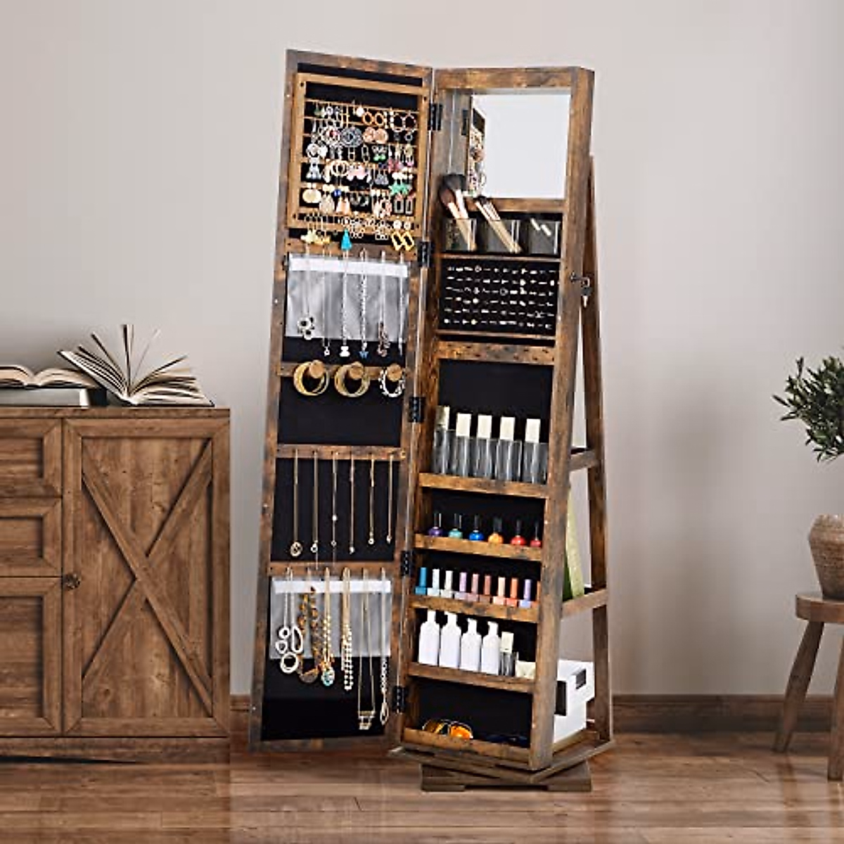 SERWALL 360 Rotating Jewelry Stand Organizer - Jewelry Armoire with Full-Length Mirror- Freestanding Dressing Mirror Jewelry Cabinet Storage - RUSTIC BROWN