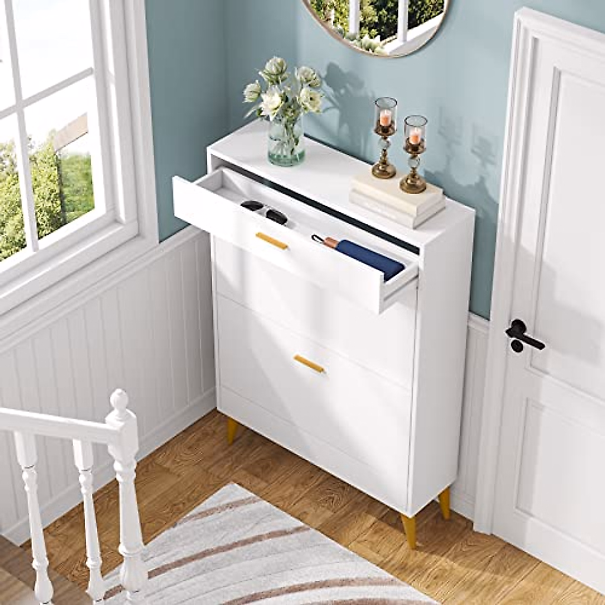 Tribesigns Shoe Cabinet, White Slim Shoe Storage Cabinet for Entryway, Modern 16 Pair Thin Shoe Rack Organizer with 2 Flip Drawers