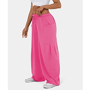Mincib Women's Elastic Wide Leg Pants High Waisted Casual Loose Flowy Lounge Palazzo Pants Trousers with Side Pockets, Rose, XL