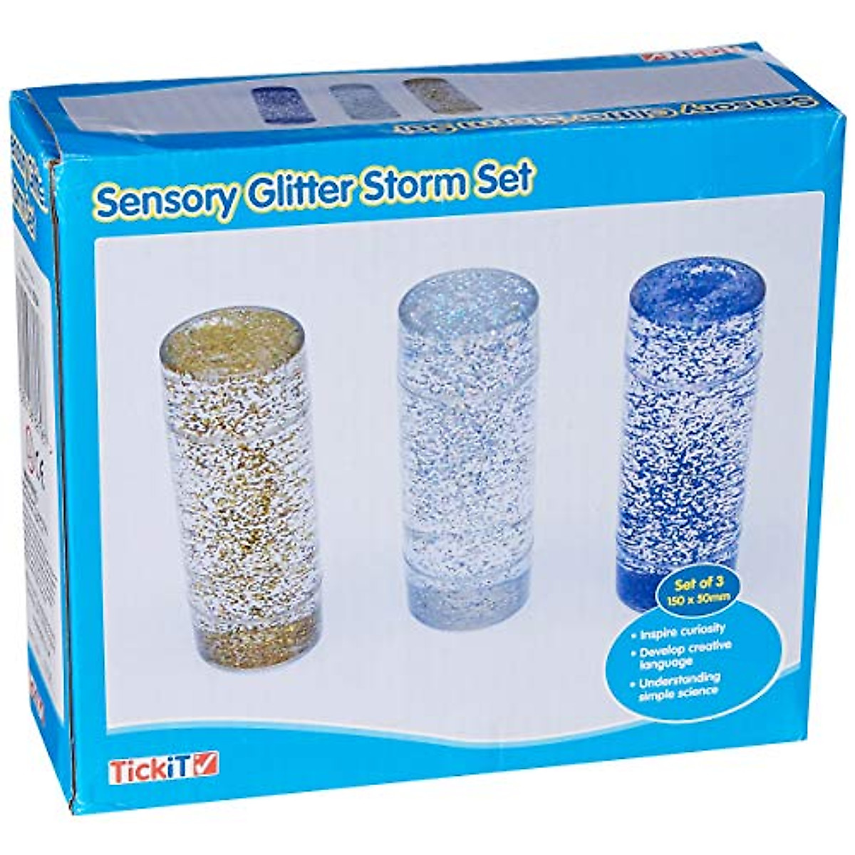 TickiT Sensory Glitter Storm - Set of 3 - Blue, Silver, Gold - Calming Glitter Tubes for Stress and Anxiety Relief - Encourage Focus and Concentration - Special Needs Toy