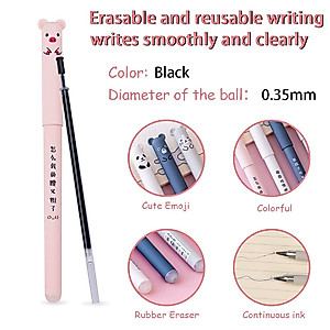 MIATTCLD 4pcs 0.35mm Erasable Gel Pens + 5pcs Replacement Refills, Cute Kawaii Cartoon Cat Pig Bear Panda Animal Gel Ink Black Pen Ballpoint for Writing Note (4)