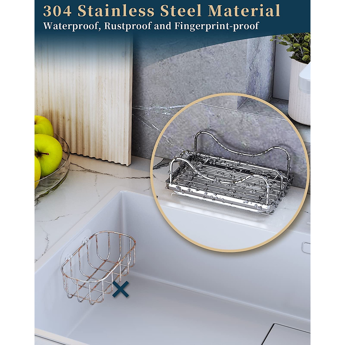 Consumest Sponge Holder for Kitchen Sink, Movable Sink Caddy for Countertop Organizer, 304 Stainless Steel Sink Sponge Holder with Detachable Drip Tray for Kitchen Accessories-Silver