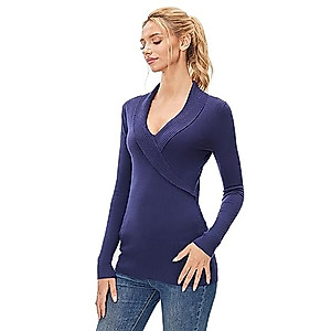 AmélieBoutik Women Shawl Collar V Neck Faux Wrap Long Sleeve Tunic Sweater (Blue Large)