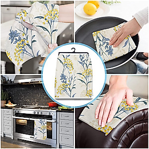 Absorbent Microfiber Kitchen Towels(Set of 3),Vintage Floral Plant,Tea Towel for Kitchen/Bathroom Decorative Bar Towels,Yellow Blue,Soft Resuable Dish Towels Cloths Nonstick Oil Washable Fast Drying