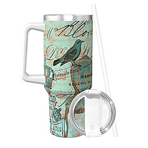 Xiexide 40oz Sweatproof Gifts Vintage French Dark Academia Cottage Butterfly Bird Double Walled Vacuum Insulatedith Handle And Straw,Hot & Cold Drinks