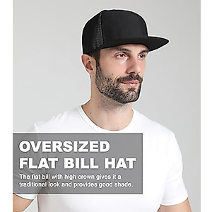 Oversize XXL Blank Flatbill Mesh Snapback Cap Black 2XL, XXL Flat Bill Hat 6 Panel Camper Style