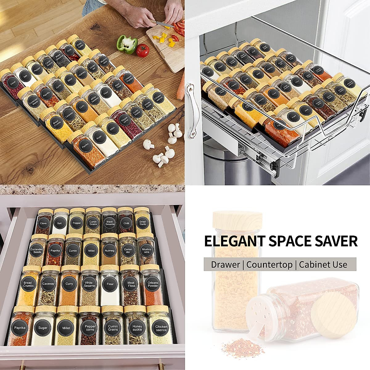 Spice Drawer Organizer, Spice Rack with 28 Spice Jars, 386 Labels, Marker & Funnel, 4 Tier Heavy Gauge Steel Seasoning Organizer Tray for Kitchen Drawer, Cabinets, Countertop, 13.4" Wide x 18.7" Deep