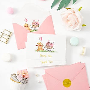 Crisky Baby Shower Girl Thank You Cards with Envelopes 50 Pack Pink Baby Shower Greeting Notes Bulk (Cute Bear with Baby Carriage)