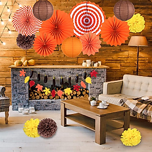 Whaline Fall Thanksgiving Tissue Pom Poms Fall Party Decorations Orange Hanging Paper Fans Flower Pompoms Paper Lantern Maple Leaves Bunting Garland Banner for Birthday Wedding Party Decor, 16Pcs